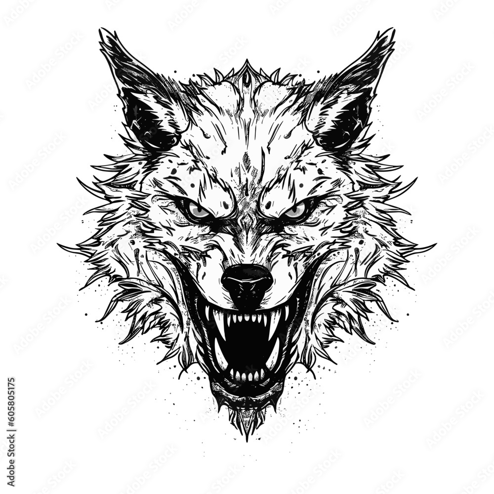 Print for T-Shirt with Hand-Drawn Illustration of Scary Zombie Wolf ...