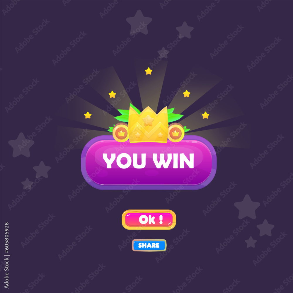 You Win Game UI Badge Pop Up Icon Reward Prize Premium Crown Coins ...