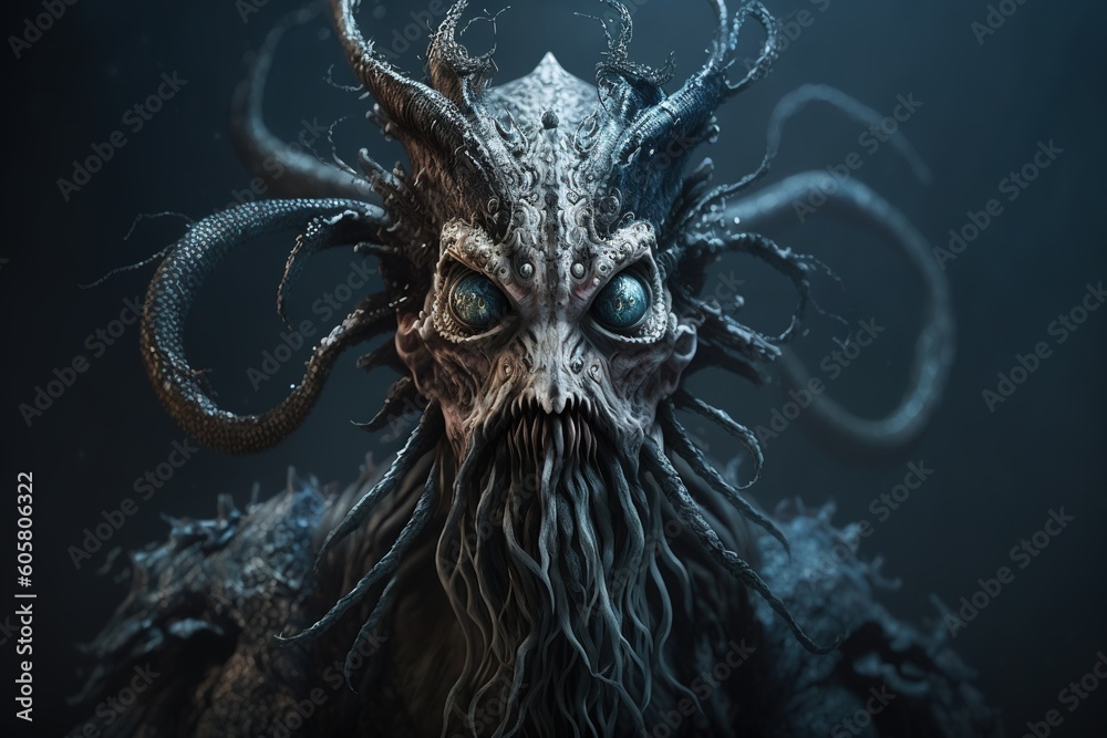 A creepy and eerie alien being with pale scaly skin and a elongated ...