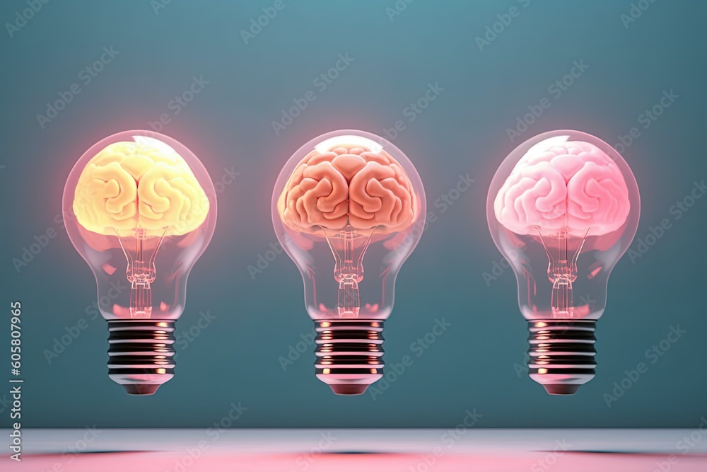 Three lightbulbs containing brains, intelligence, ideas, innovation ...