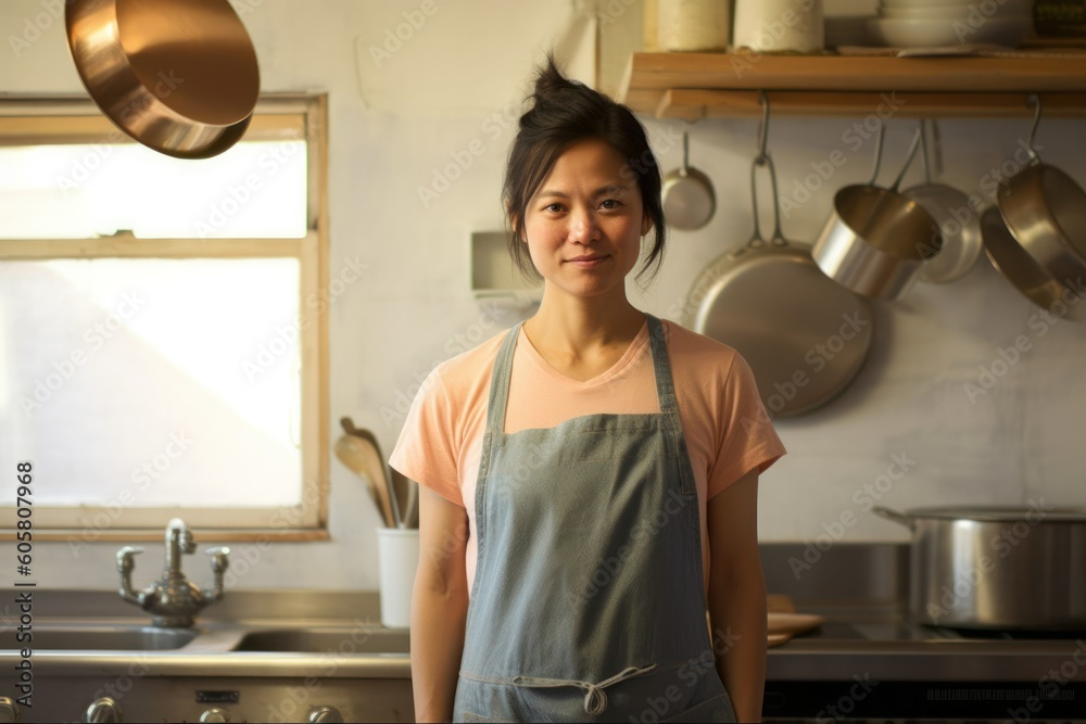 Candid photo of a proud young Asian female cook and small business ...