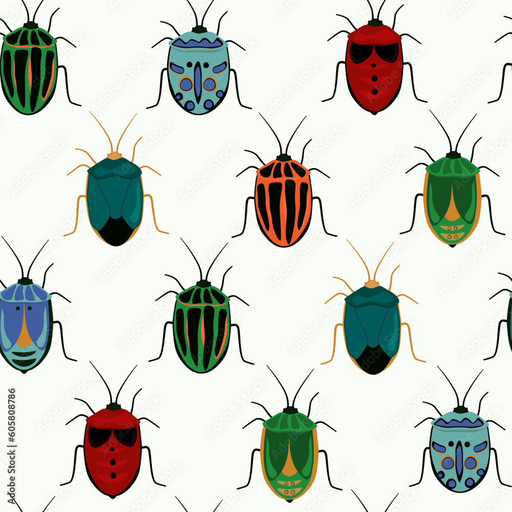 Seamless natural pattern with beetles. Summer ornament with insect bugs ...