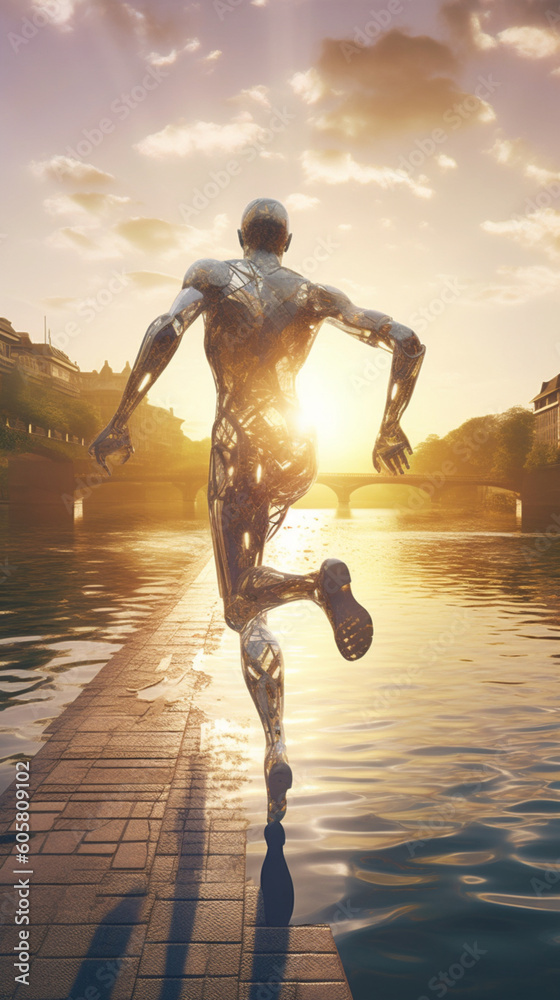 Android person with an orthopedic body running along a river with the ...