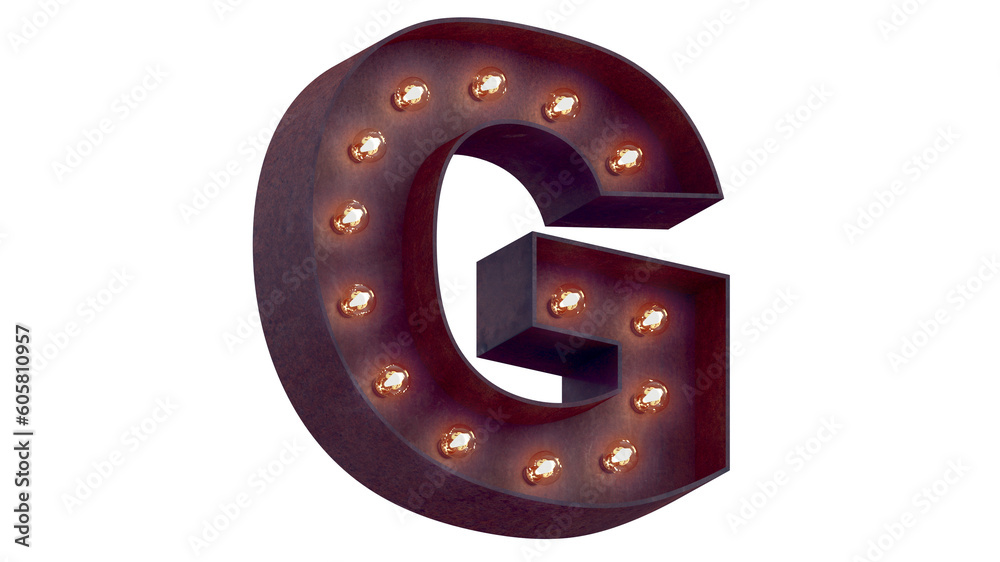 Light bulb glowing letter alphabet character G font. Perspective view ...
