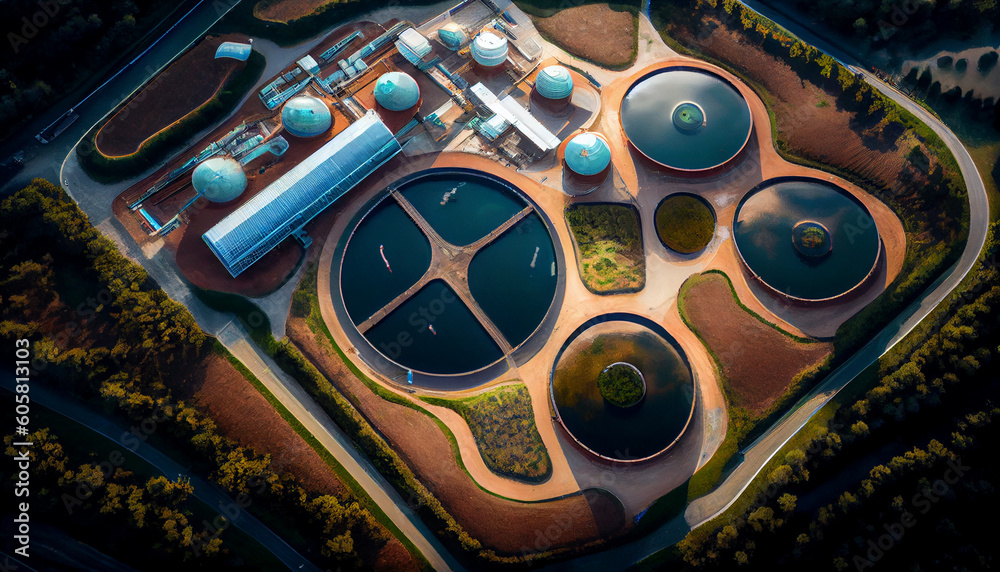 Aerial view of modern industrial sewage treatment plant Generative AI ...