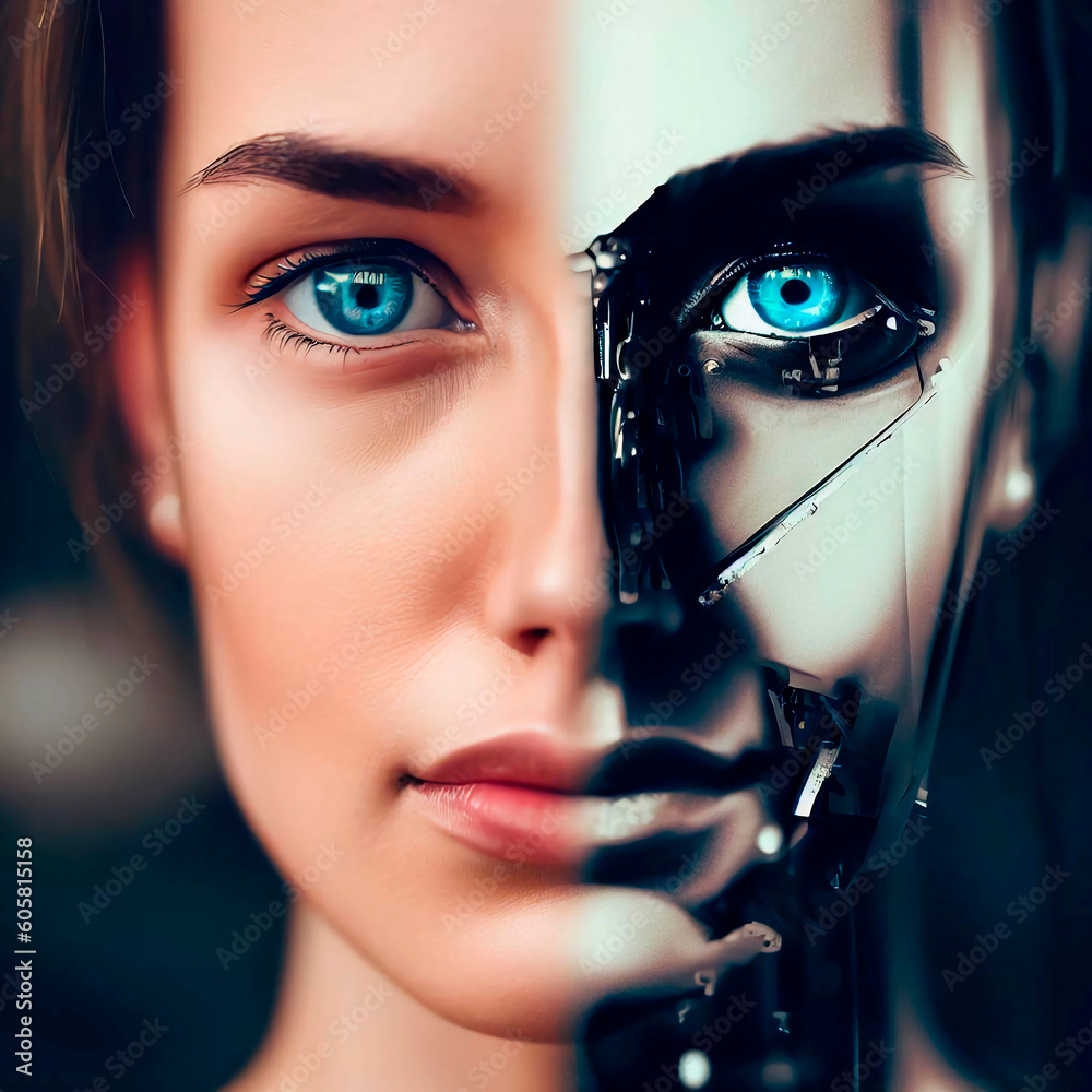 Cara digital mitad mujer, mitad maquina o robot inteligencia artificial ...