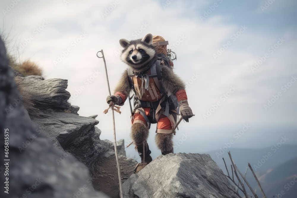 A funny raccoon in a travel suit dressed as a human on sky background ...