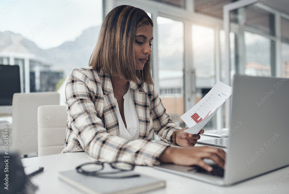 Laptop, business analyst and woman typing documents in office workplace ...