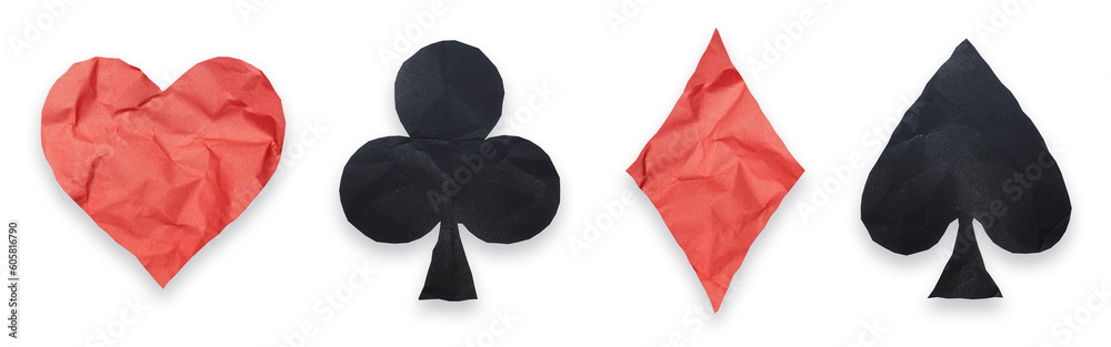 Playing card suit symbols as crumpled paper cut-outs isolated on ...
