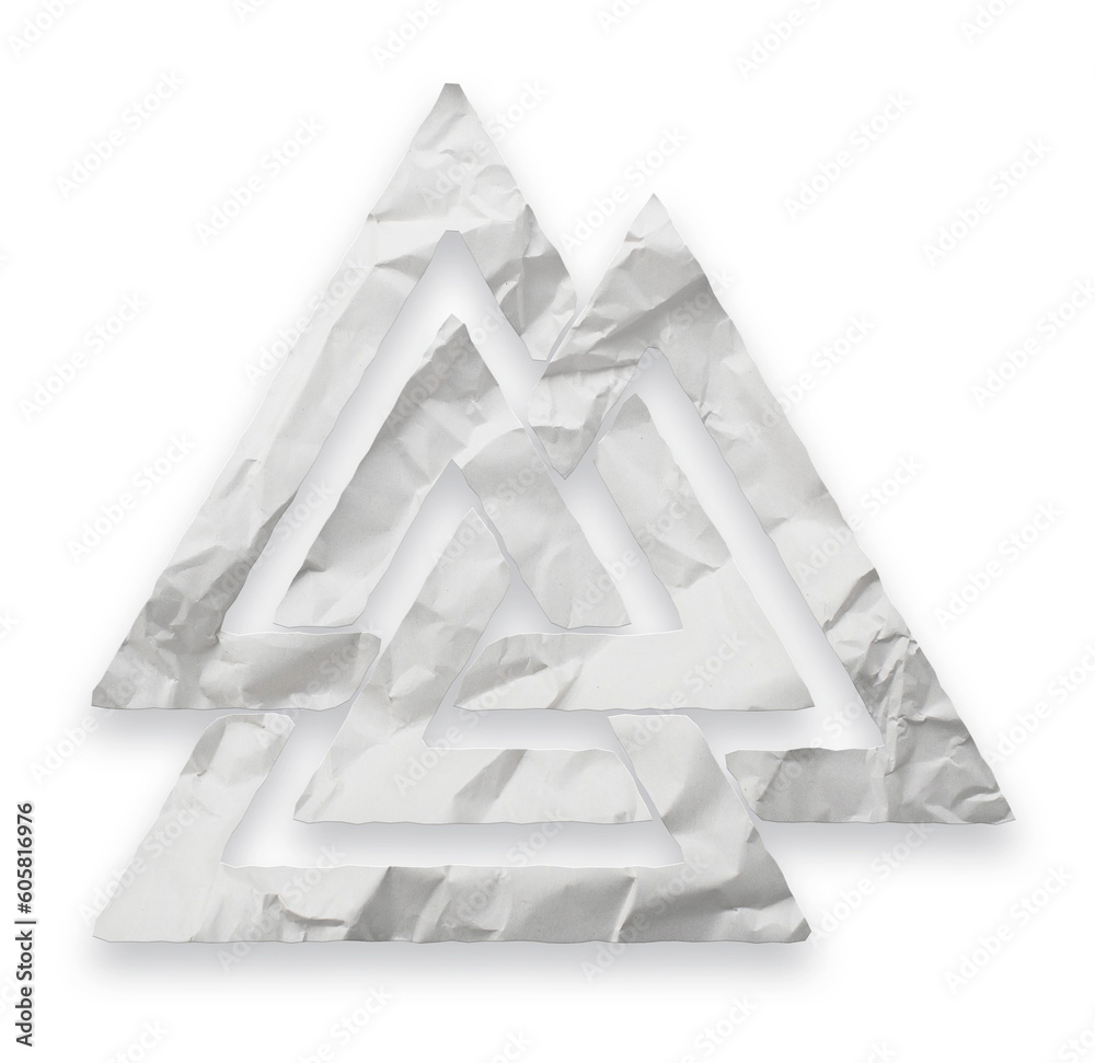 Valknut symbol made with crumpled white paper isolated on transparent ...