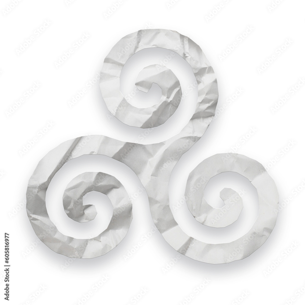 Triskelion symbol made with crumpled white paper isolated on ...