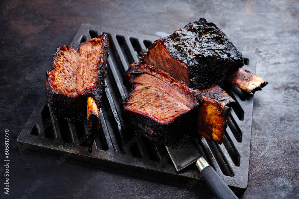 Traditional barbecue burnt chuck beef ribs marinated with spicy rub and ...