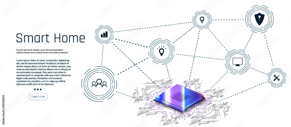 Banner of Smart Home technology. The building consists of numbers and ...