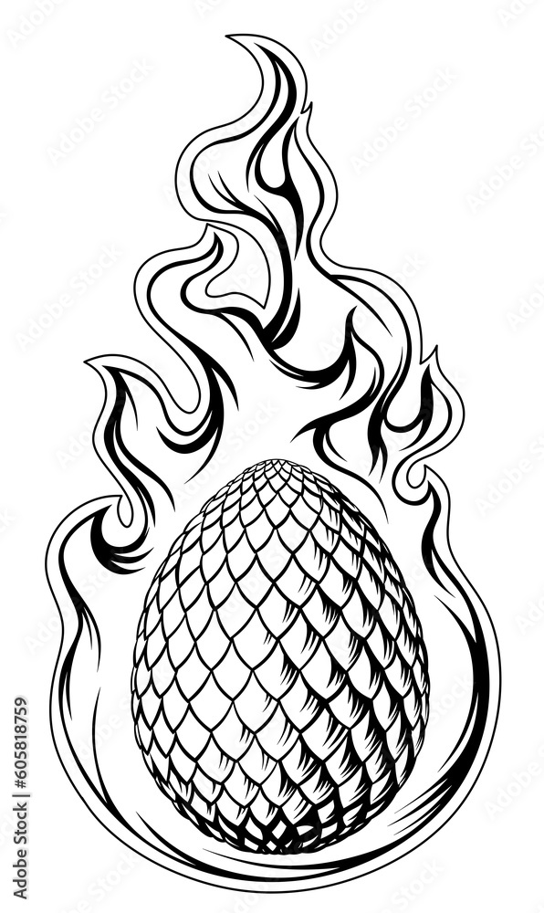 Flaming dragon egg. Black and white illustration of an egg in scales ...