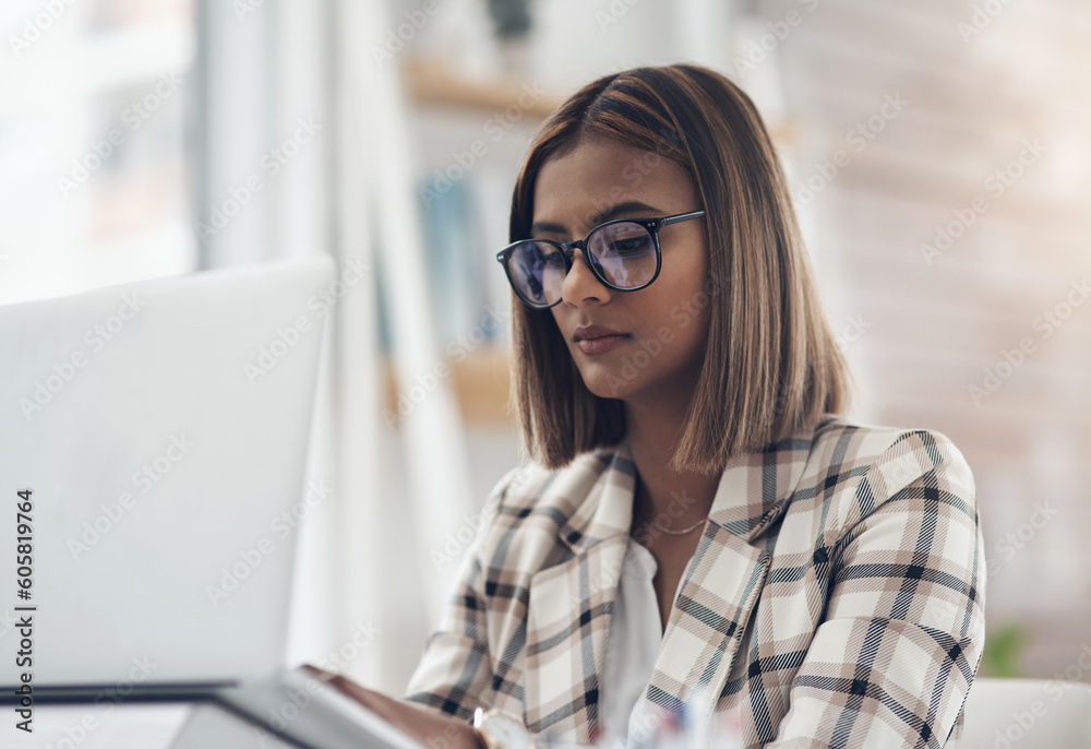 Copywriting, laptop and business woman typing in office workplace ...