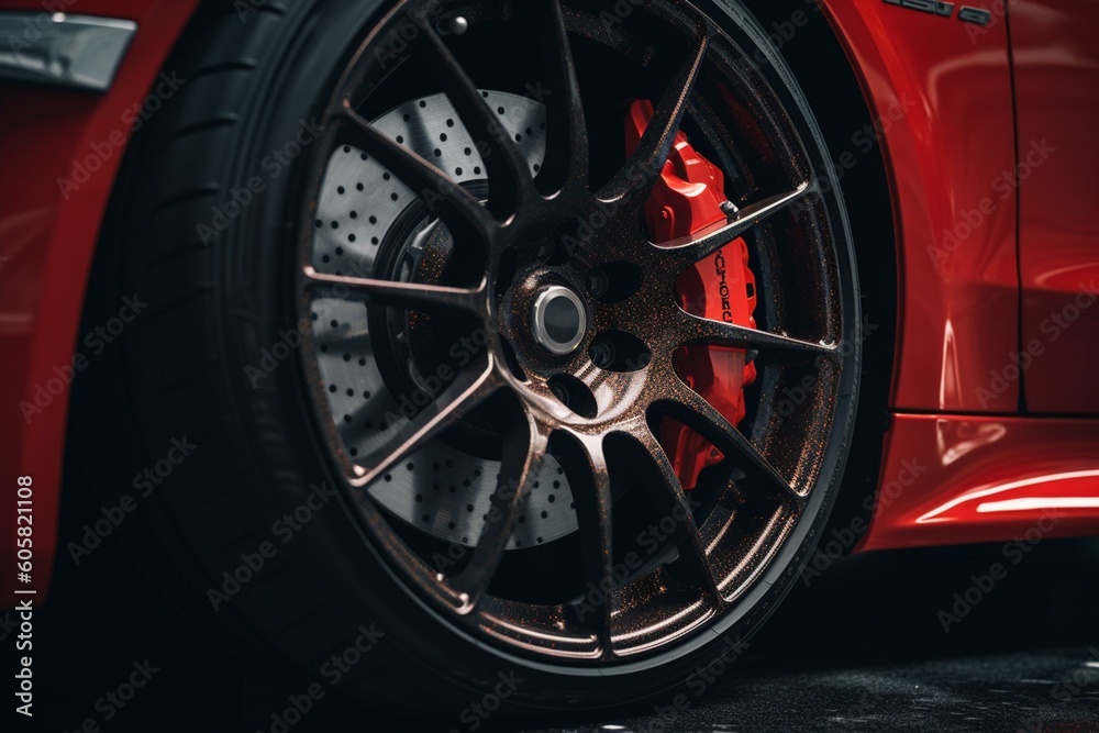 Red brake calipers and discs from a race car on white background ...