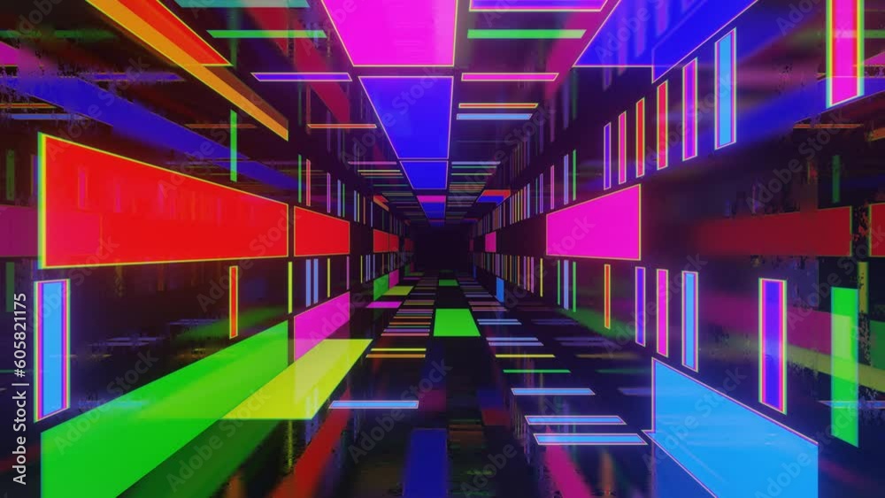 multicolor tunnel. Fly through mirror tunnel with neon pattern, glow lines form sci fi pattern ...