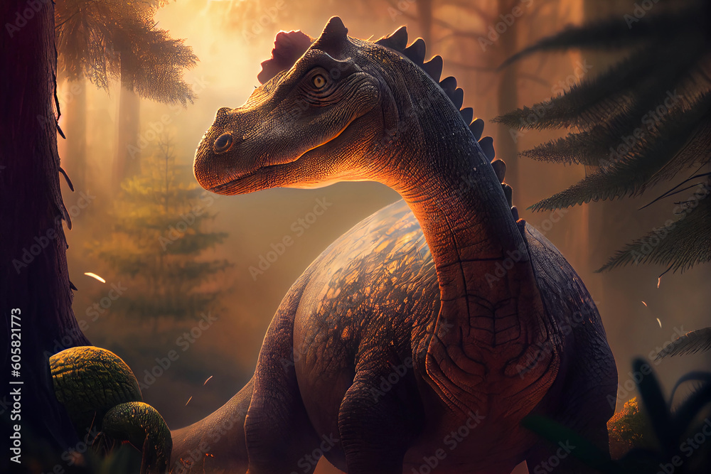 Brontosaurus in the primeval forest. Aspect ratio 3:2 Generative AI ...