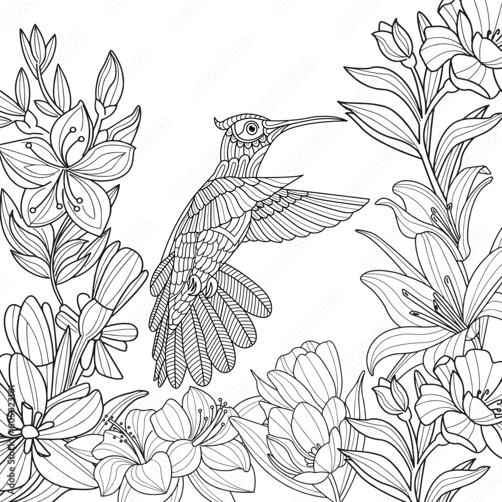 Amazing tropical hummingbirds adult coloring page for stress relieving ...
