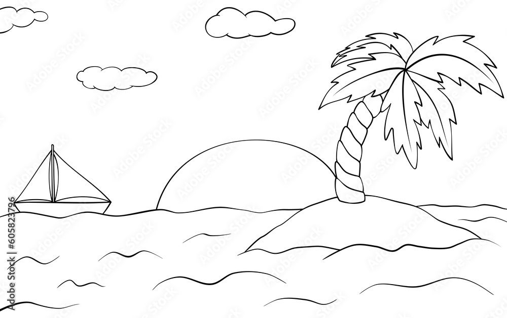 Desert island with palm tree and ship. Summer sunset landscape ...