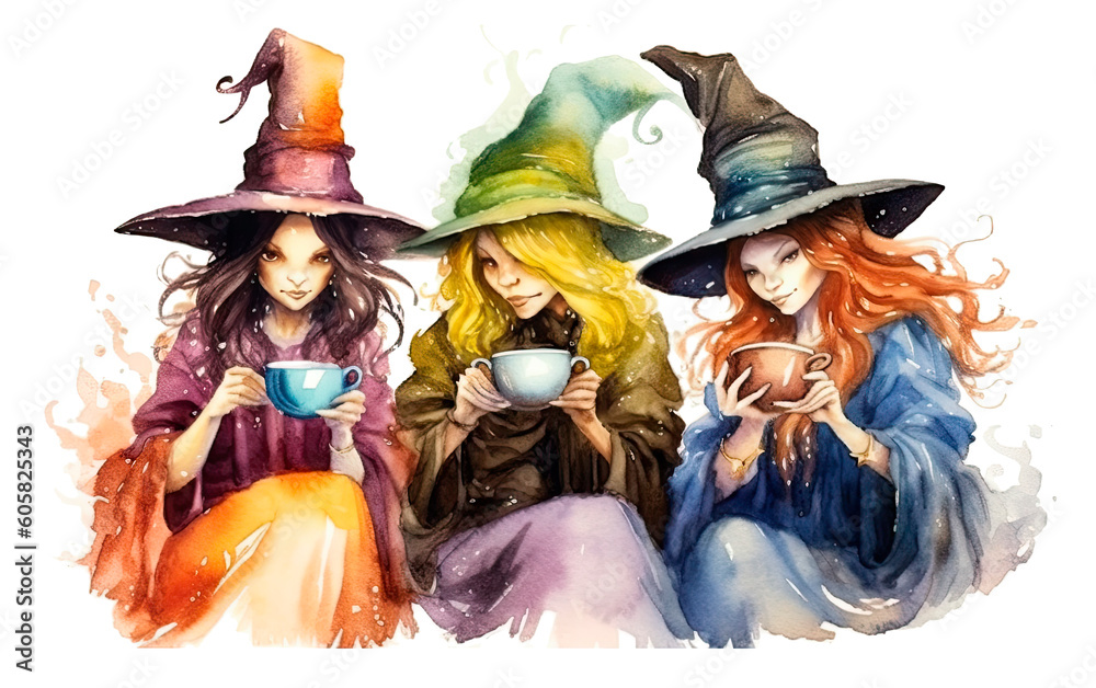 Relocation of witches drinking coffee and talking on transparent ...