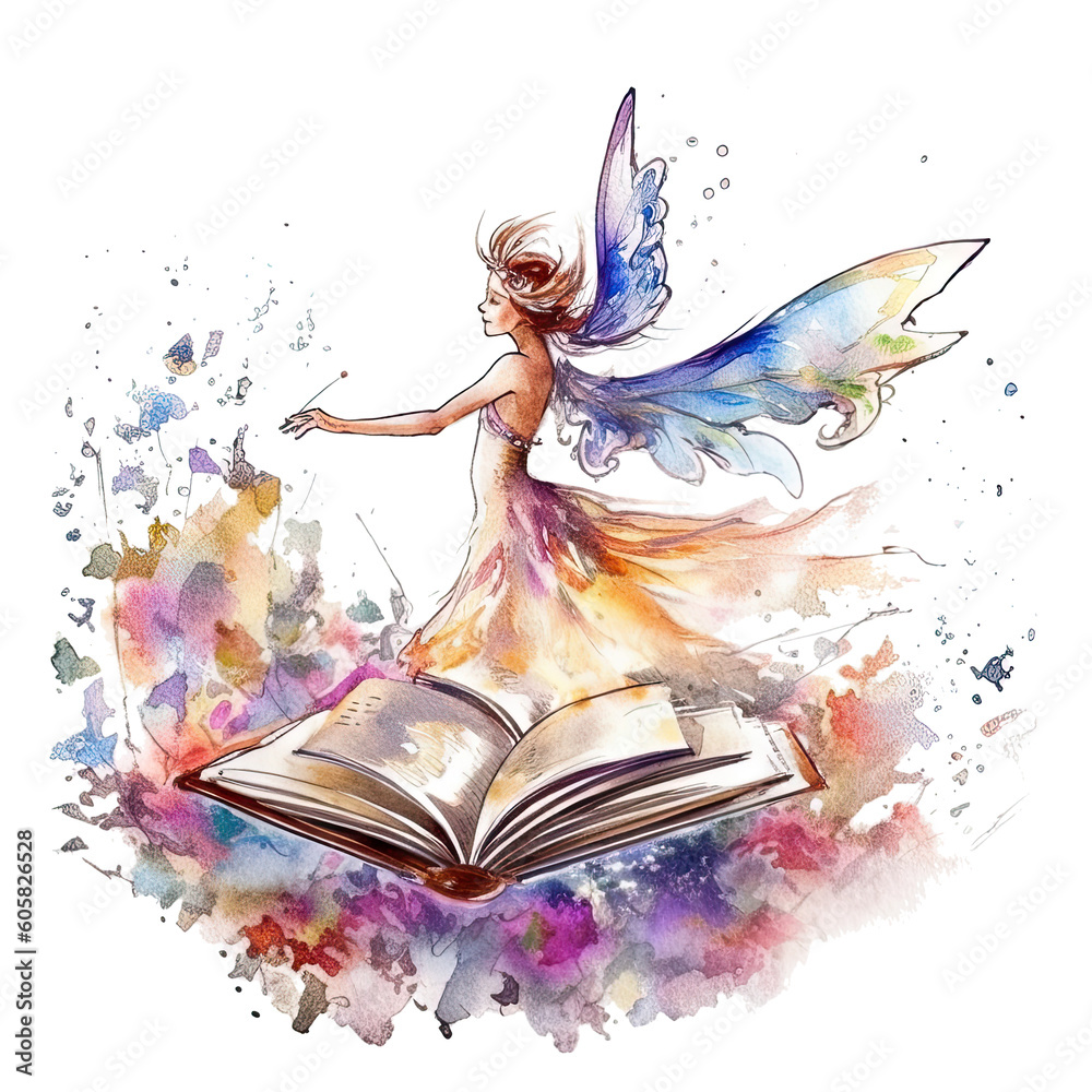 Cute fairy reading book on stack of books, watercolor hand draw ...