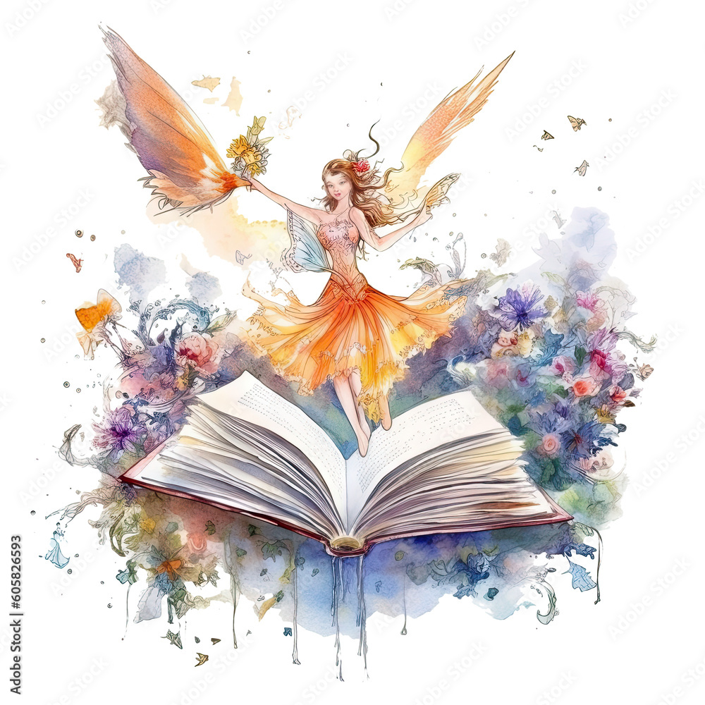 Cute fairy reading book on stack of books, watercolor hand draw ...