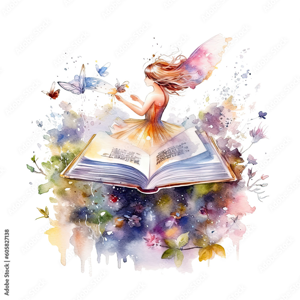 Cute fairy reading book on stack of books, watercolor hand draw ...
