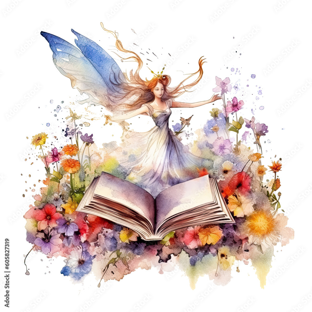 Cute fairy reading book on stack of books, watercolor hand draw ...