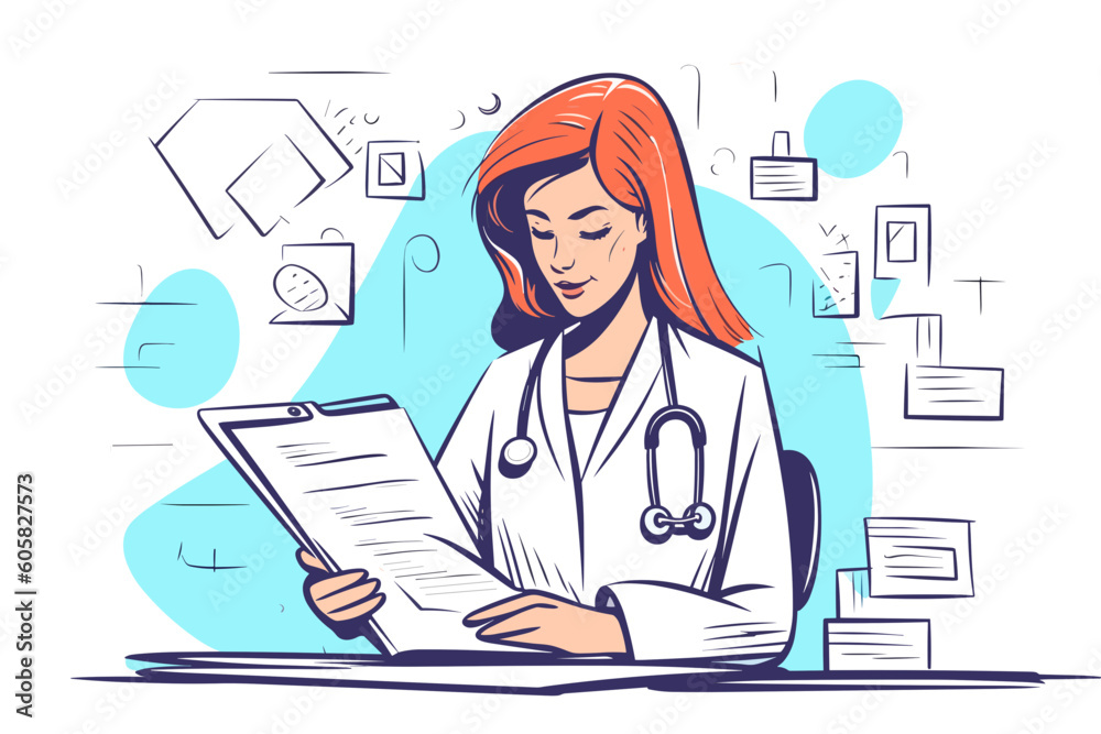Doodle inspired Nurse charting medical records, cartoon sticker, sketch ...