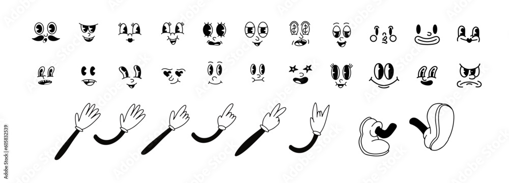 Vintage 50s Cartoon And Comic Different Facial Expressions. Feet in ...