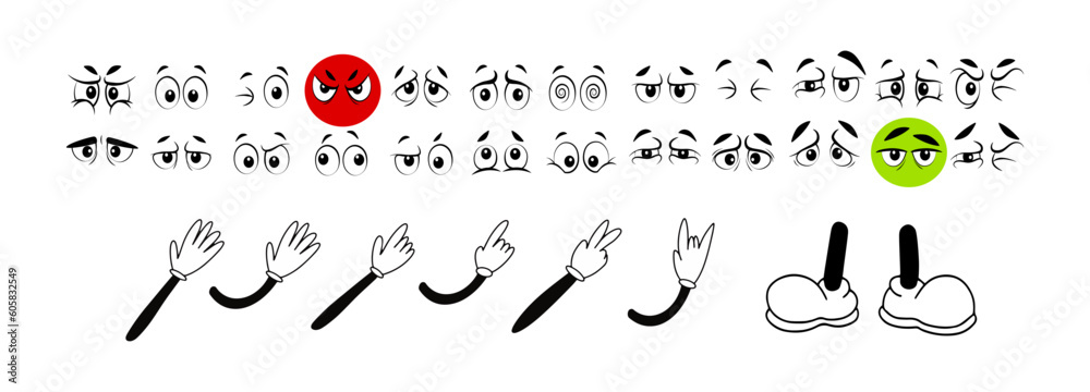 Vintage 50s Cartoon And Comic Different Facial Expressions. Feet in ...