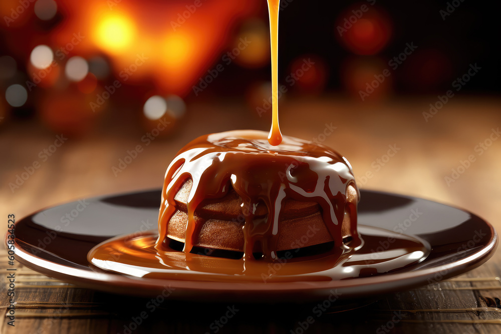 Liquid sweet brown caramel pours over the top of the dessert plate ...