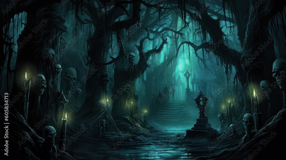 Dark and eerie scene depicting an underworld realm, where ethereal ...