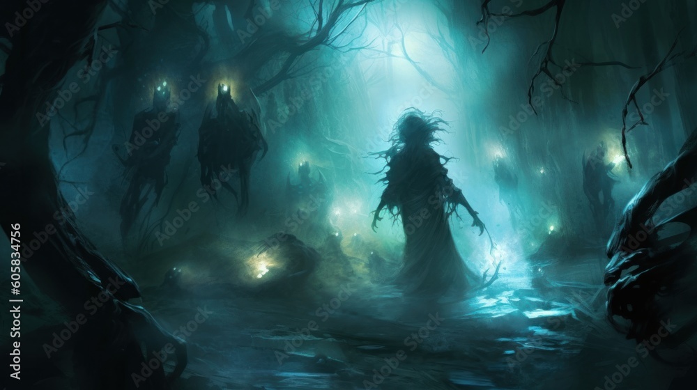 Dark and eerie scene depicting an underworld realm, where ethereal ...