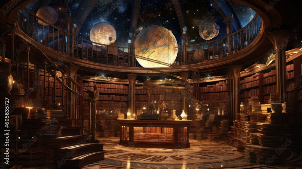 Envision an ancient library of immeasurable knowledge, filled with ...