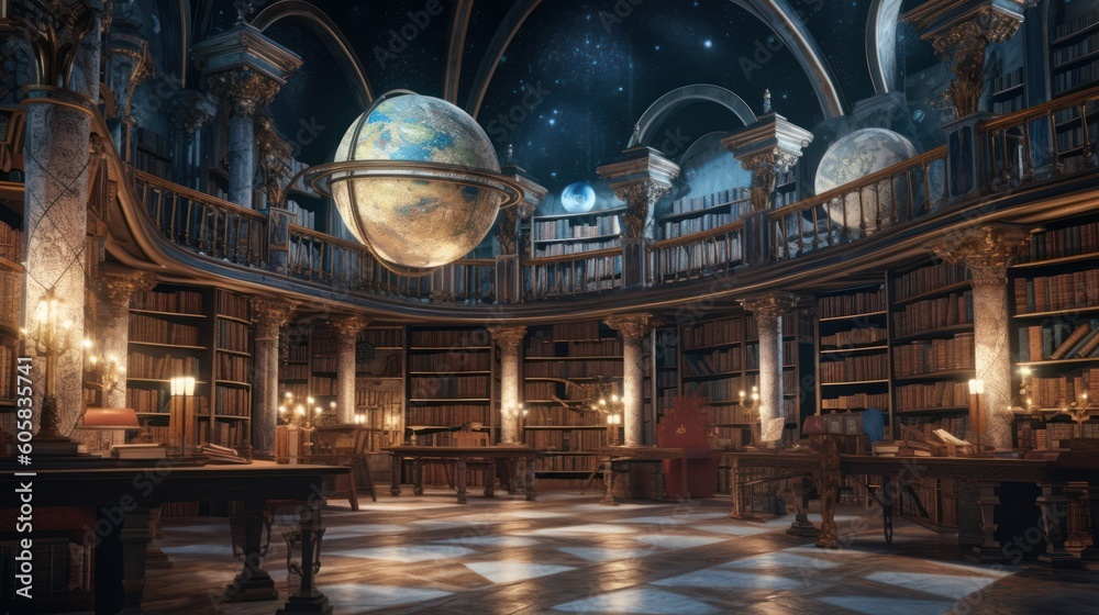 Envision an ancient library of immeasurable knowledge, filled with ...