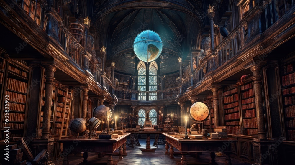 Envision an ancient library of immeasurable knowledge, filled with ...