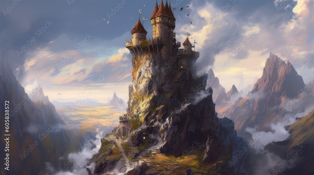 Ancient and towering wizard's tower perched on a craggy cliff. Envision ...