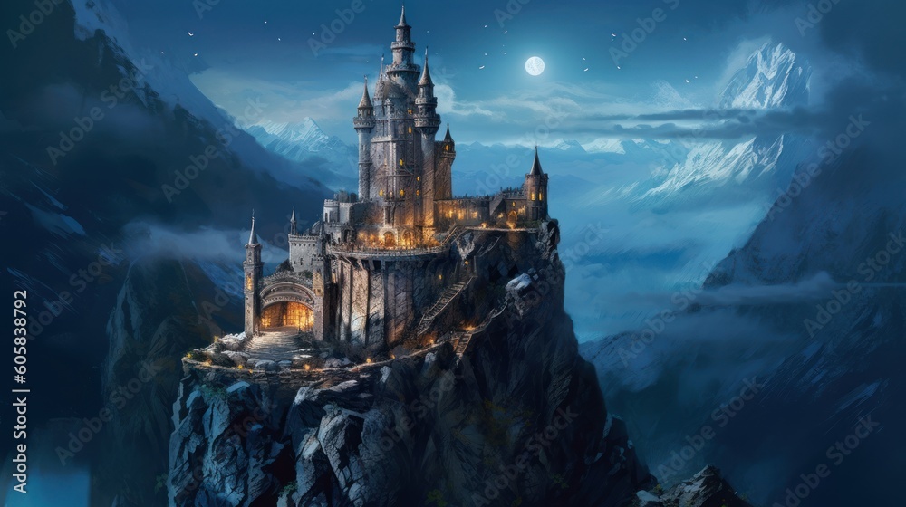 Ancient and towering wizard's tower perched on a craggy cliff. Envision ...