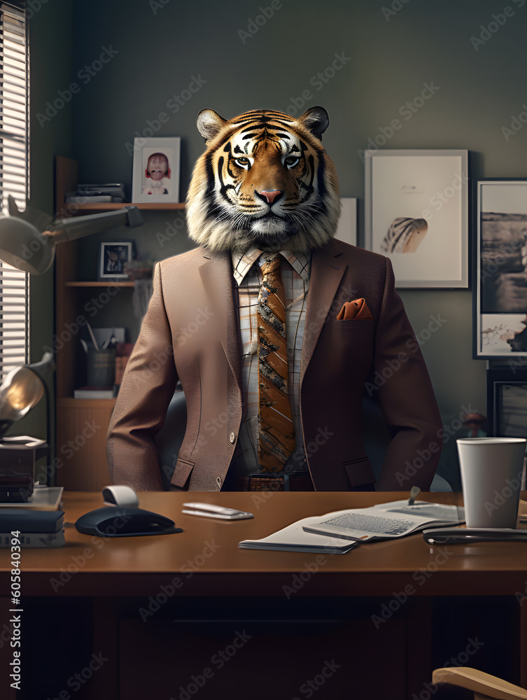 Generative Ai: tiger as animal boss wearing suit in the office. Stock ...
