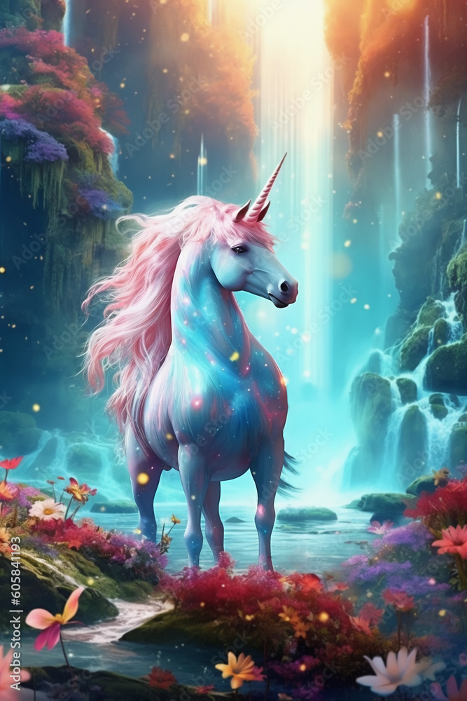 Illustration of a mystical unicorn in front of a wonderful waterfall ...