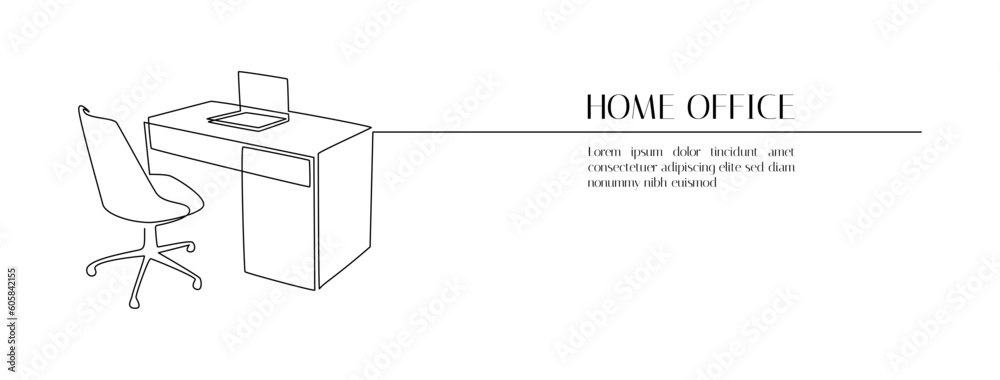 One continuous line drawing of home office interior. Modern work desk ...