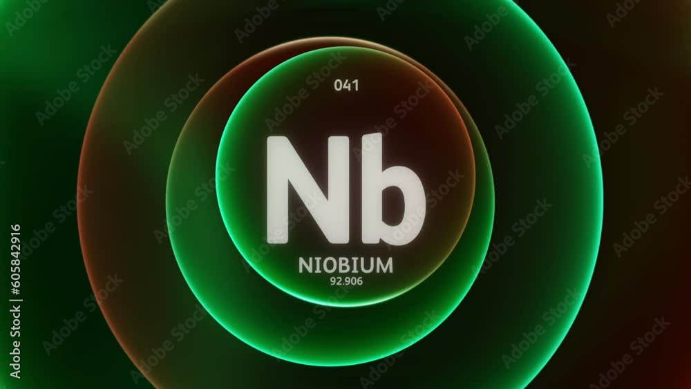 Niobium as Element 41 of the Periodic Table. Concept animation on abstract green red gradient ...