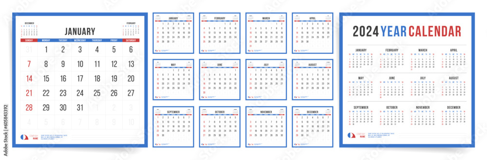 2024 Calendar Square Template Design. Week starts on Sunday. Corporate ...