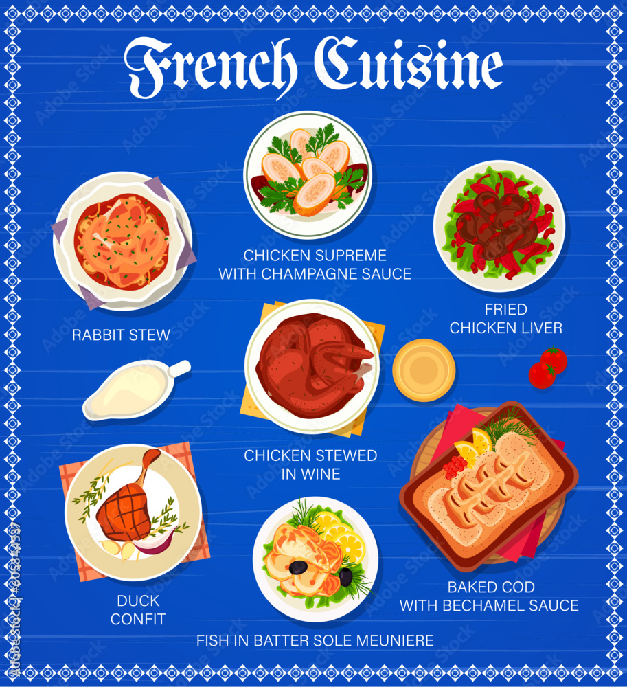 French cuisine restaurant menu template. Chicken supreme with champagne ...