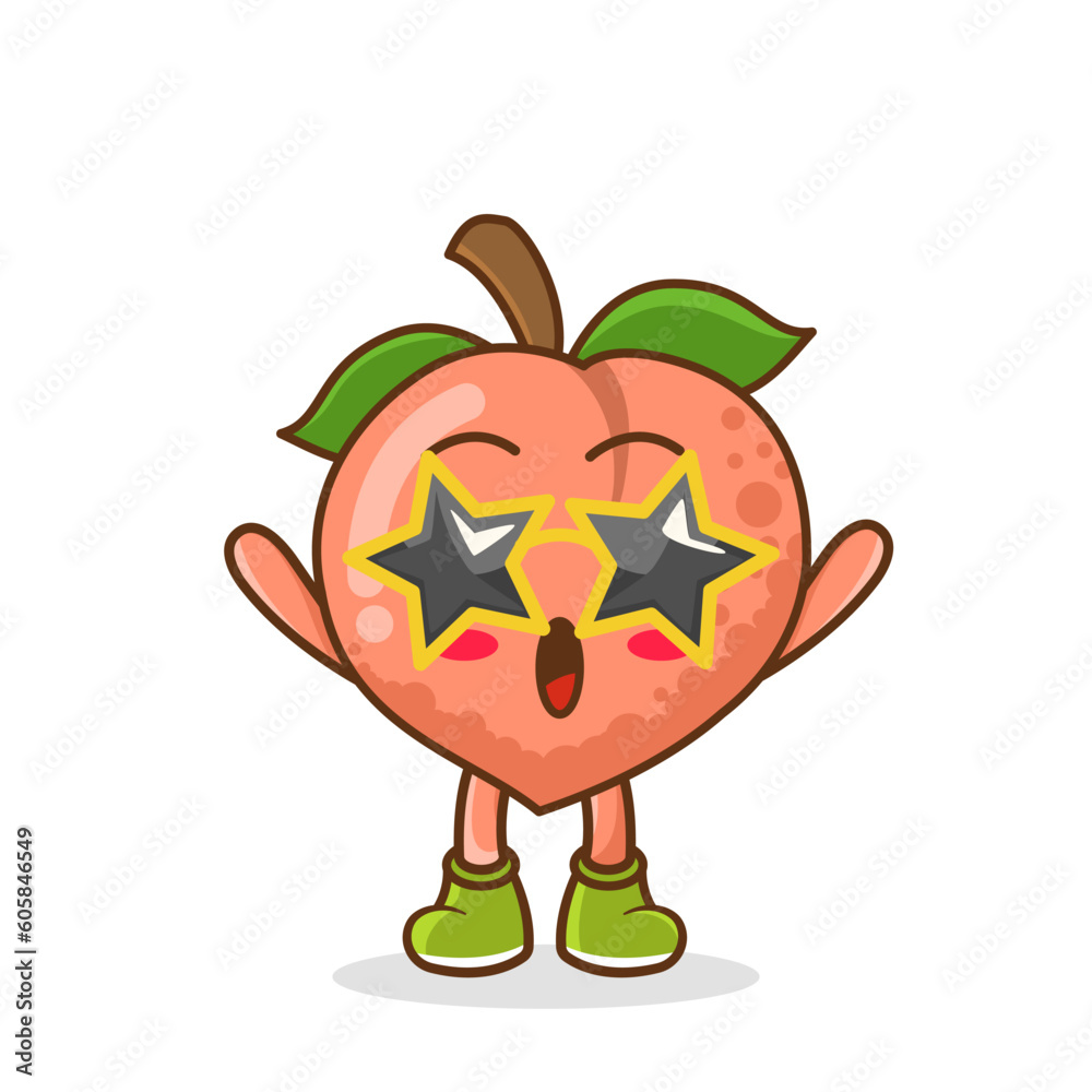 Funny peach fruit character in star-shaped glasses having fun at party ...