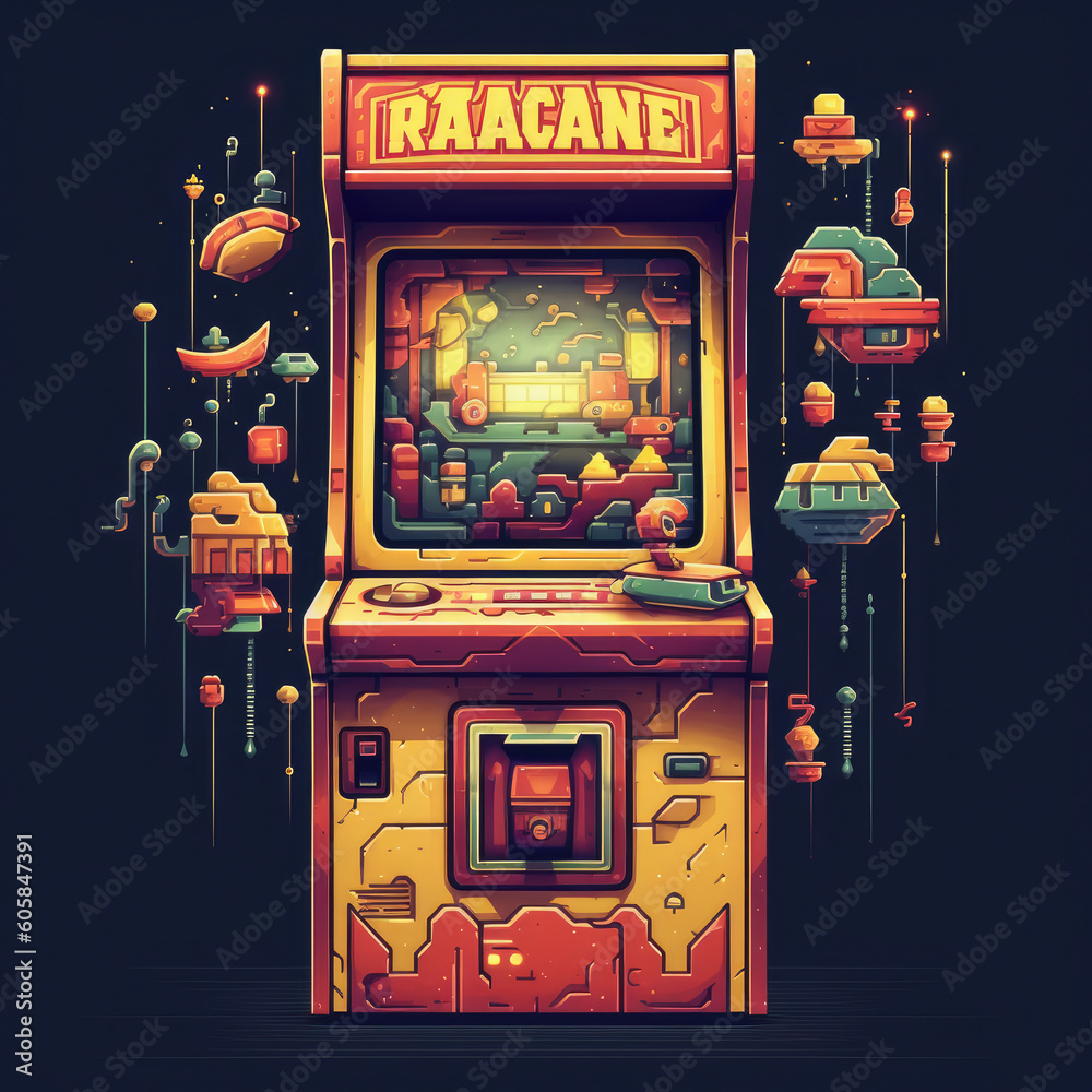 Create a banner with a retro arcade game cabinet and pixelated graphics ...