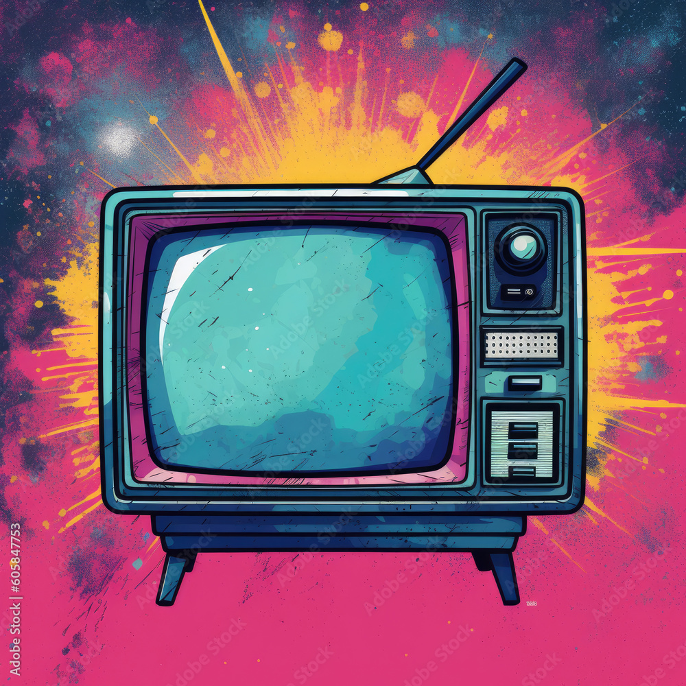 A square banner with a retro TV set displaying static noise 80s style ...