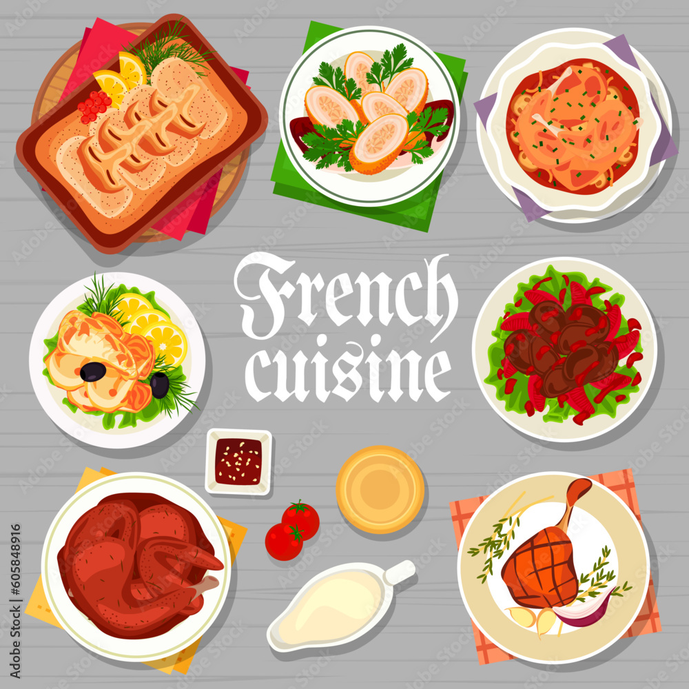 French cuisine menu cover page design. Rabbit stew, fish Sole Meuniere ...